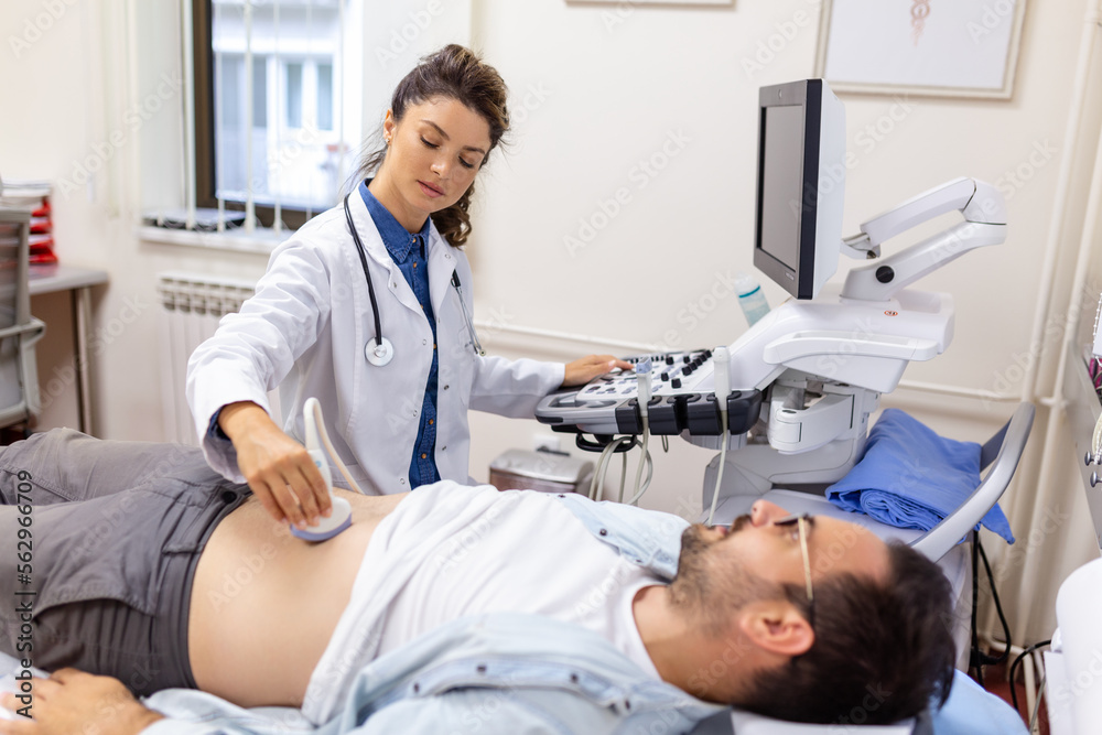 Ultrasound scanning diagnostic of woman thyroid gland in clinic, doctor ...