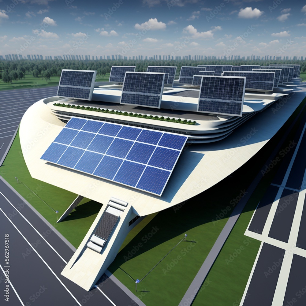 stadium with solar panels on the outside mockup modern technology plan ...