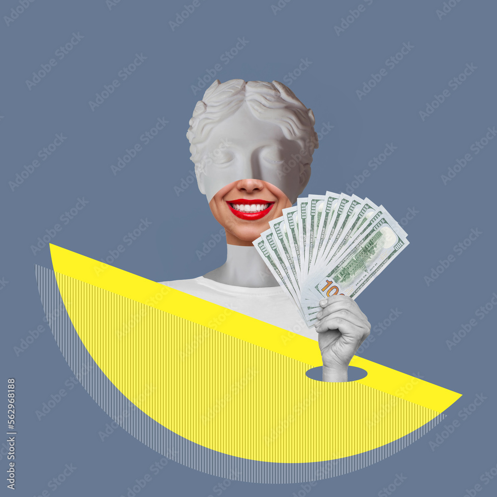 Antique female smiling statue's head holds a wad of hundred-dollar cash ...