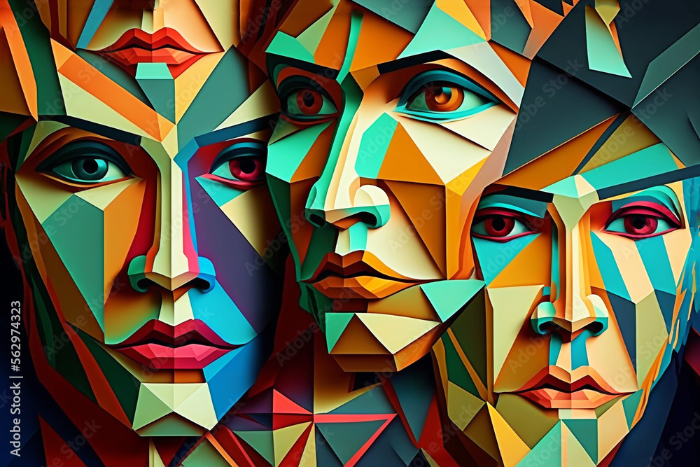 Abstract, crowded illustration of many faces in vivid color and ...