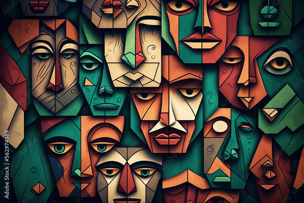 Abstract, crowded illustration of many faces in vivid color and ...