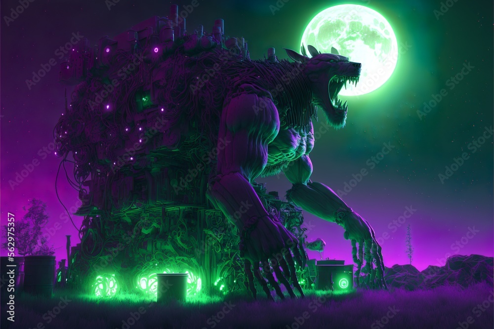 Colossal werewolf monster biomutant completely integrated to a factory ...