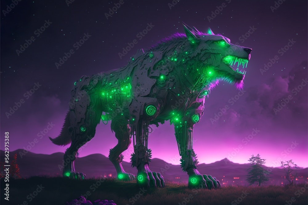 Cybernetically enhanced perfect wolf with glowing green spots on its ...