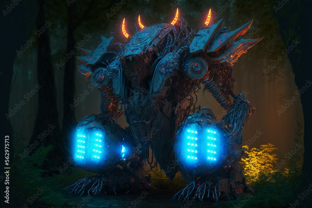 Cybernetically enhanced tree looking giant biopunk mutant with blue ...