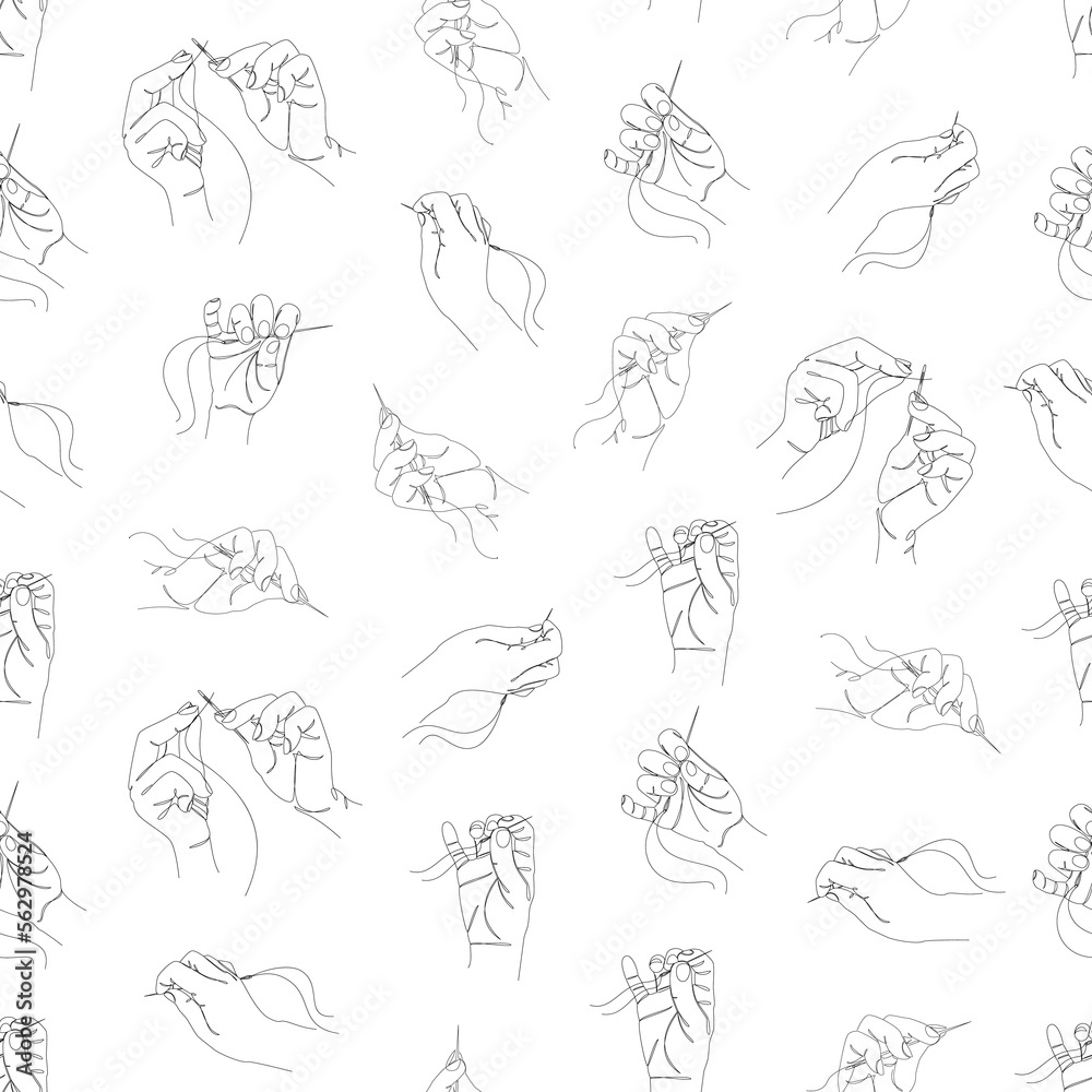 Collection. Human hands sew a needle and thread. Seamless pattern in ...
