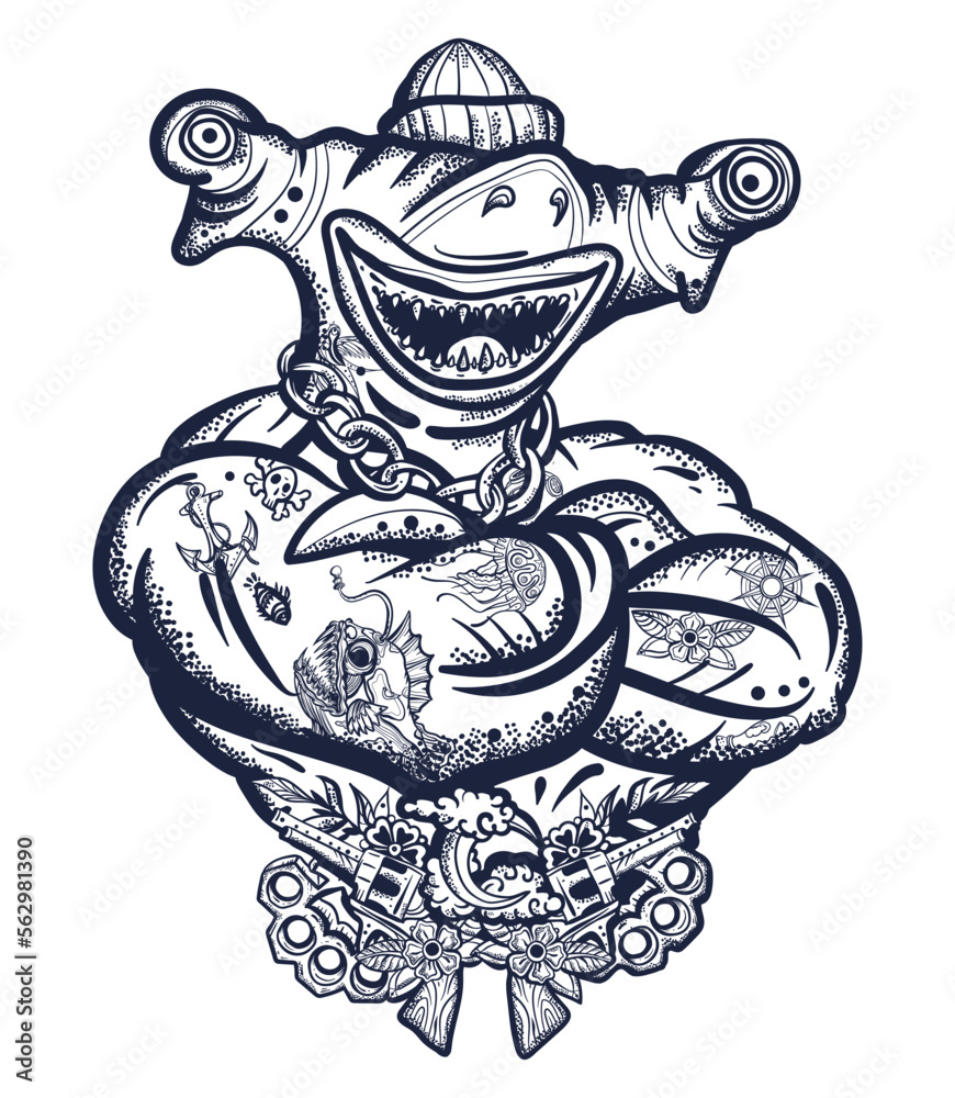 Strong hammerhead shark fish. Old school tattoo vector art. Hand drawn ...