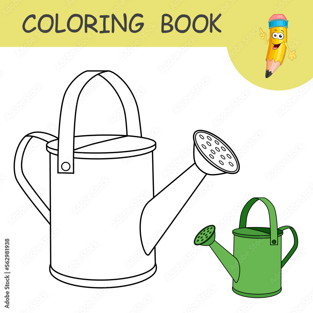 Coloring page with cartoon watering can. Template of colorless and ...