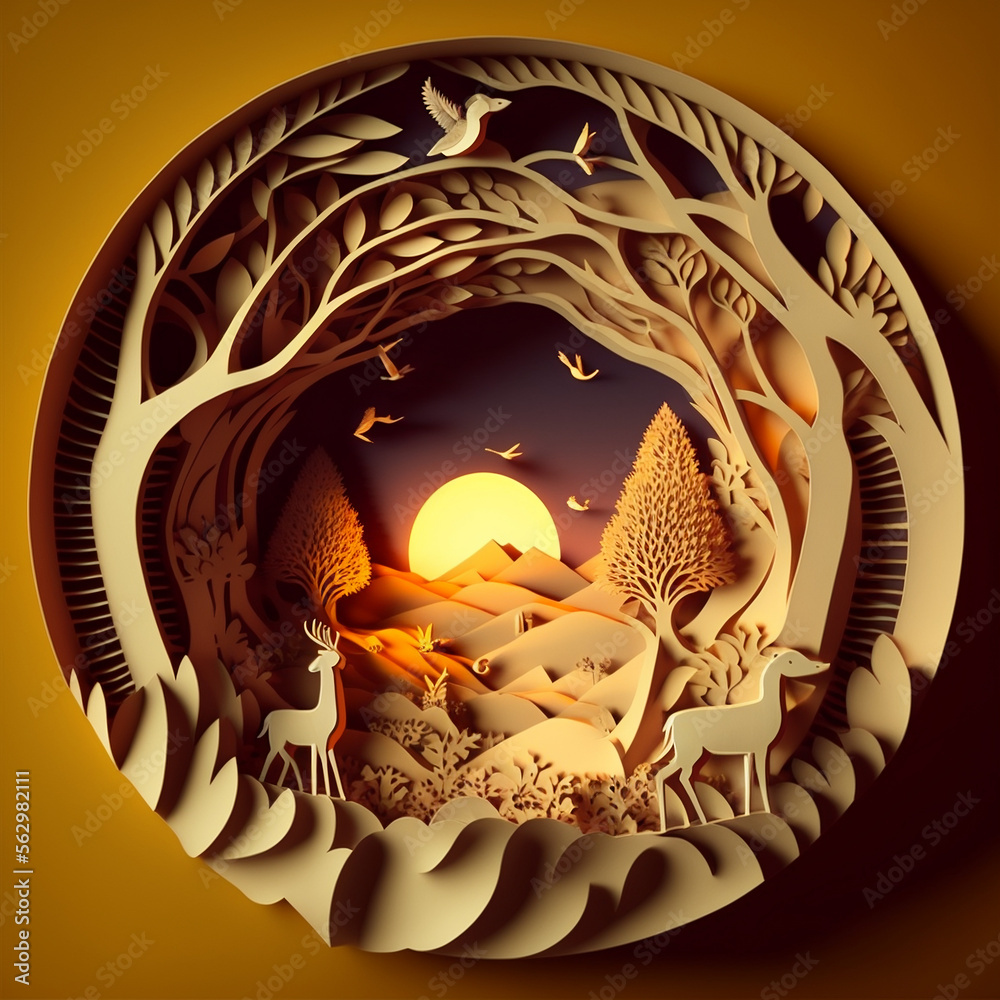 Amazing wood art with 3d depth effect - Illustration of a a sunset with ...