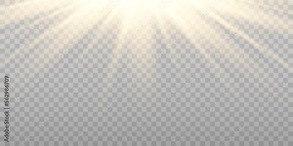 Vector golden sun light effect. Glowing sunrays on transparent ...