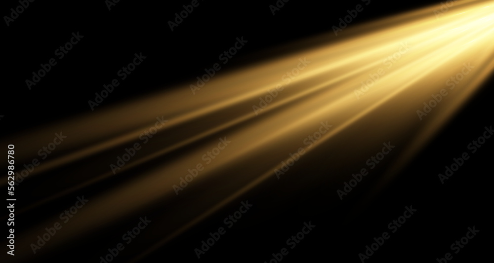 Vector golden sun light effect. Glowing sunrays on black background ...