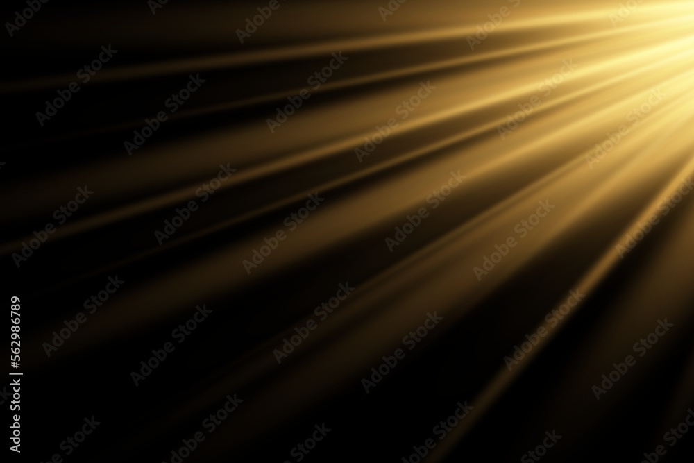 Vector golden sun light effect. Glowing sunrays on black background ...