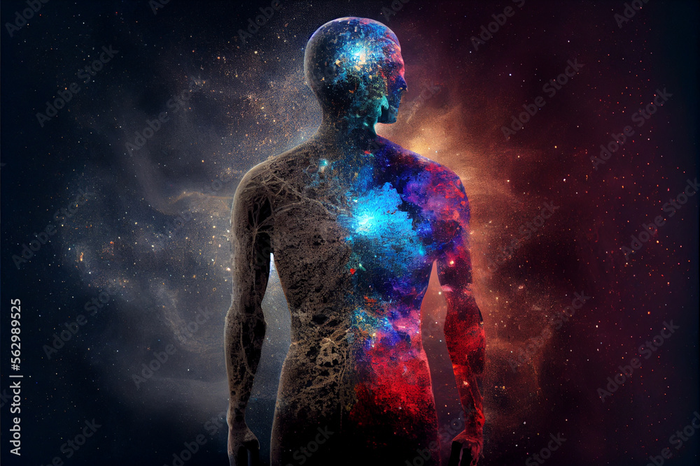 Human looking in infinity space galaxy background. Mixed media Stock ...