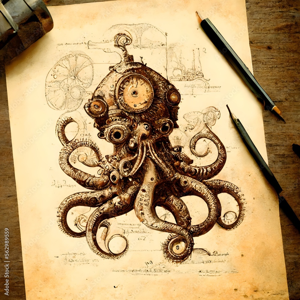 vintage antique octopus engraving, drawing, illustration, steampunk ...