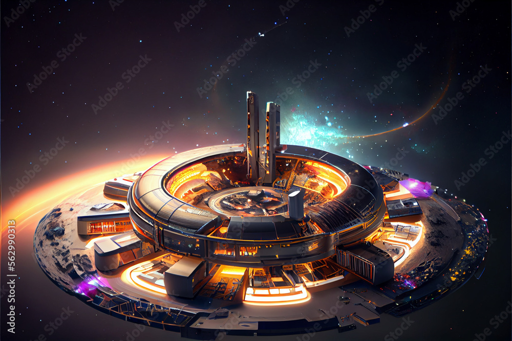 Intergalactic station, disk-shaped space platform. Science and ...