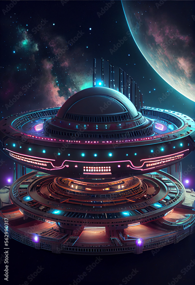 Intergalactic station, disk-shaped space platform. Science and ...