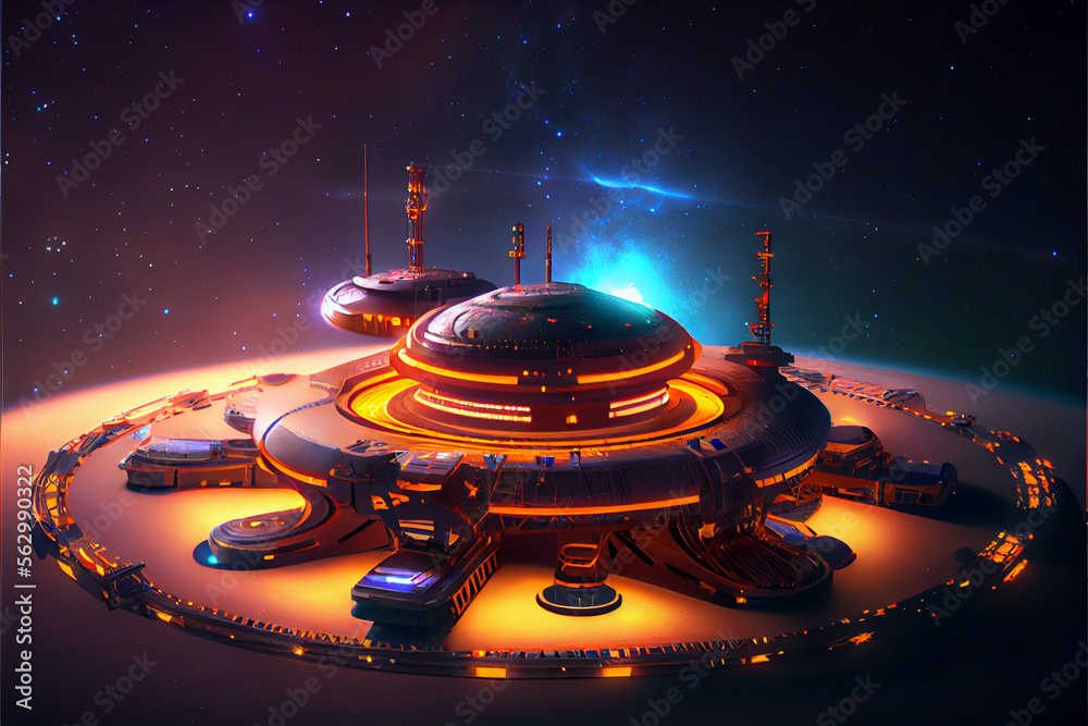 Intergalactic station, disk-shaped space platform. Science and ...