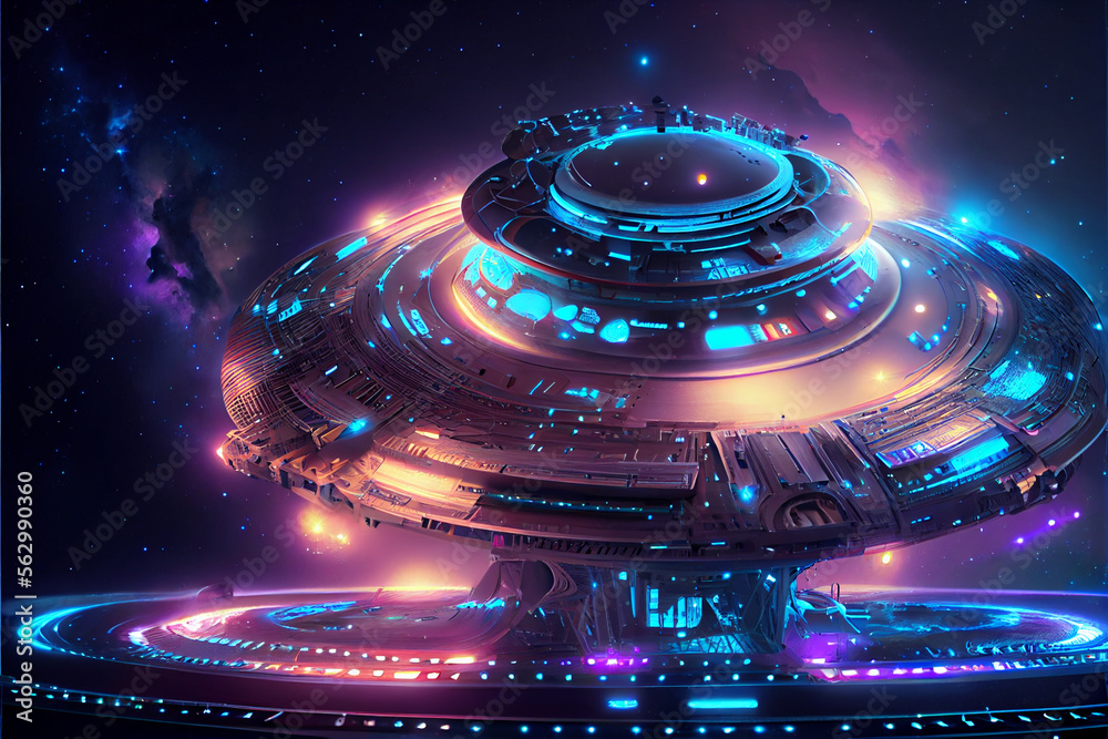 Intergalactic station, disk-shaped space platform. Science and ...