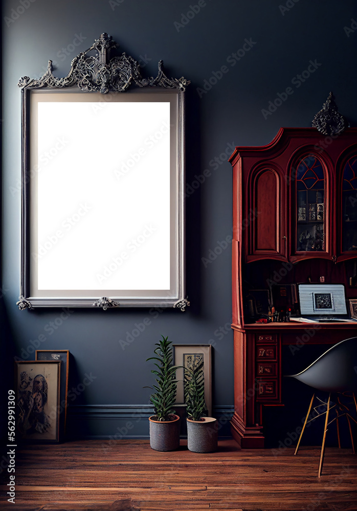 Mockup vertical frame study home interior red desktop furniture elegant ...