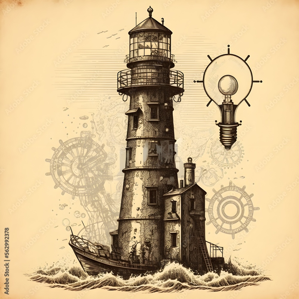 vintage antique lighthouse engraving, plate illustration, light house ...