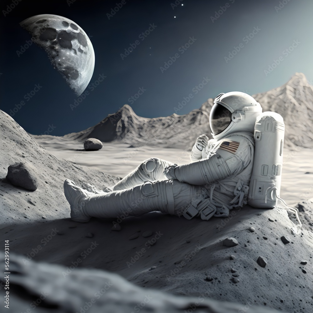 astronaut sitting relaxing on a moon in deep space wearing space suit ...