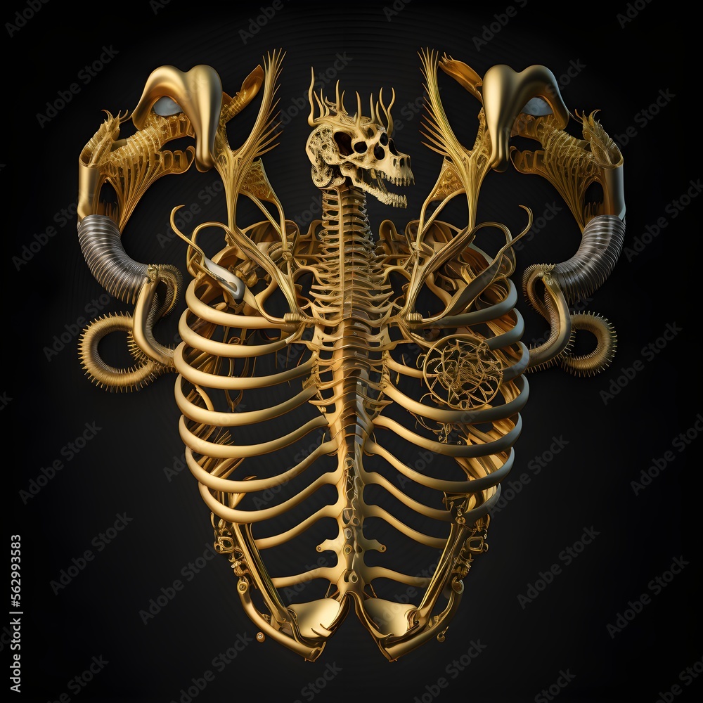 gold steampunk rib cage, anatomy bones, snake skeletons , antlers ...