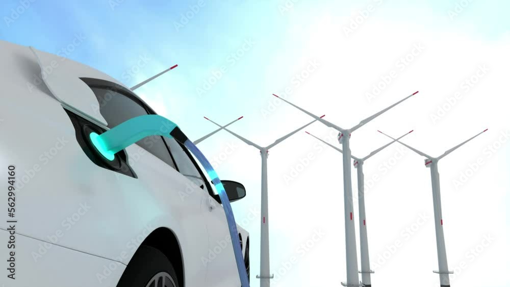 Car charging on the background of a windmills. Charging electric car ...