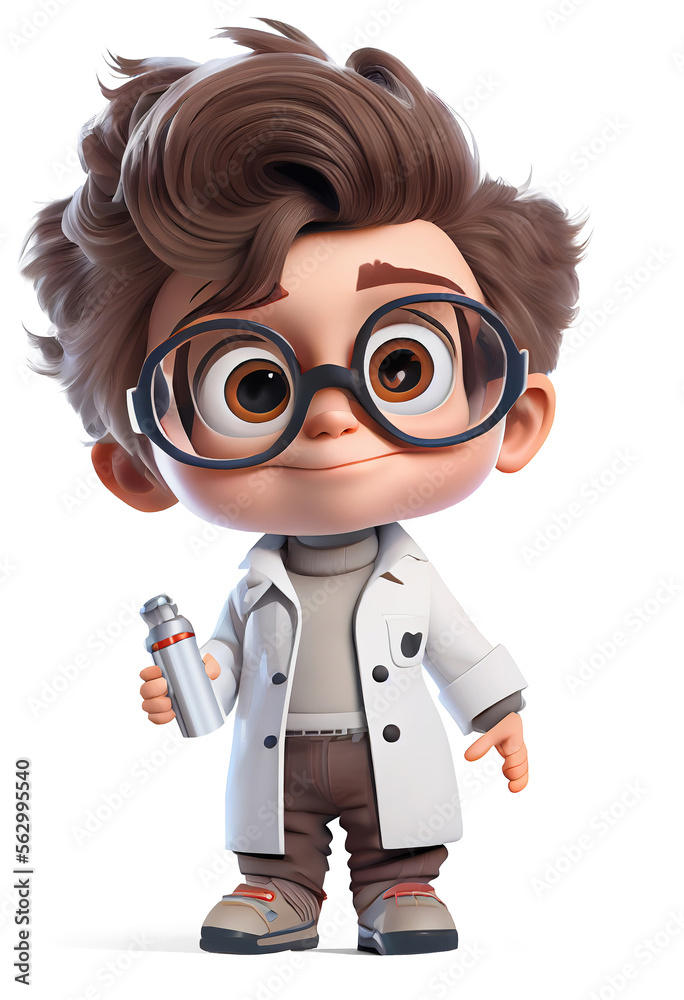 Cute cartoon tiny boy as a scientist, isolated on white background ...