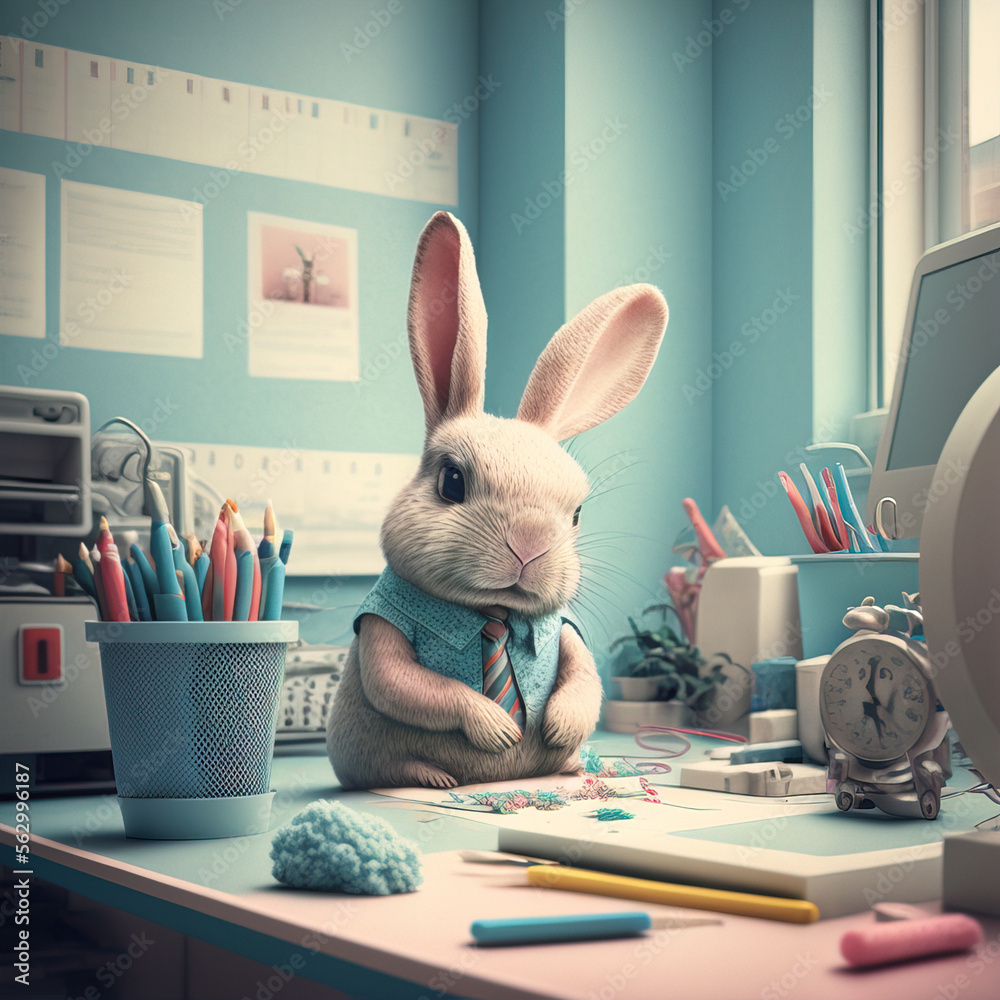 Abstract, beautiful, hardworking Easter rabbit at workplace, working ...