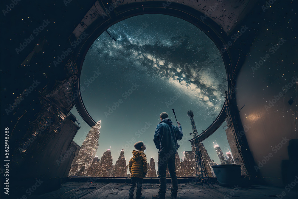 Father with his son on top of a building contemplating the milky way ...