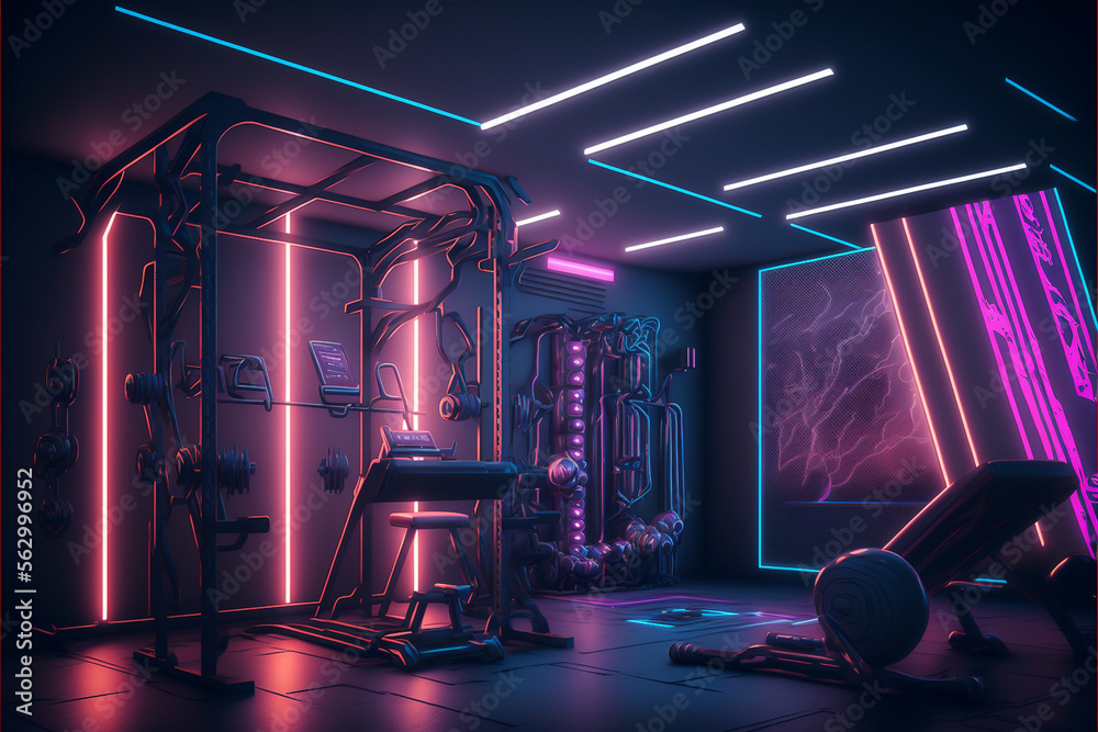 Modern Gym, Neon Illuminated, Futuristic, Cardio and Strength Training ...