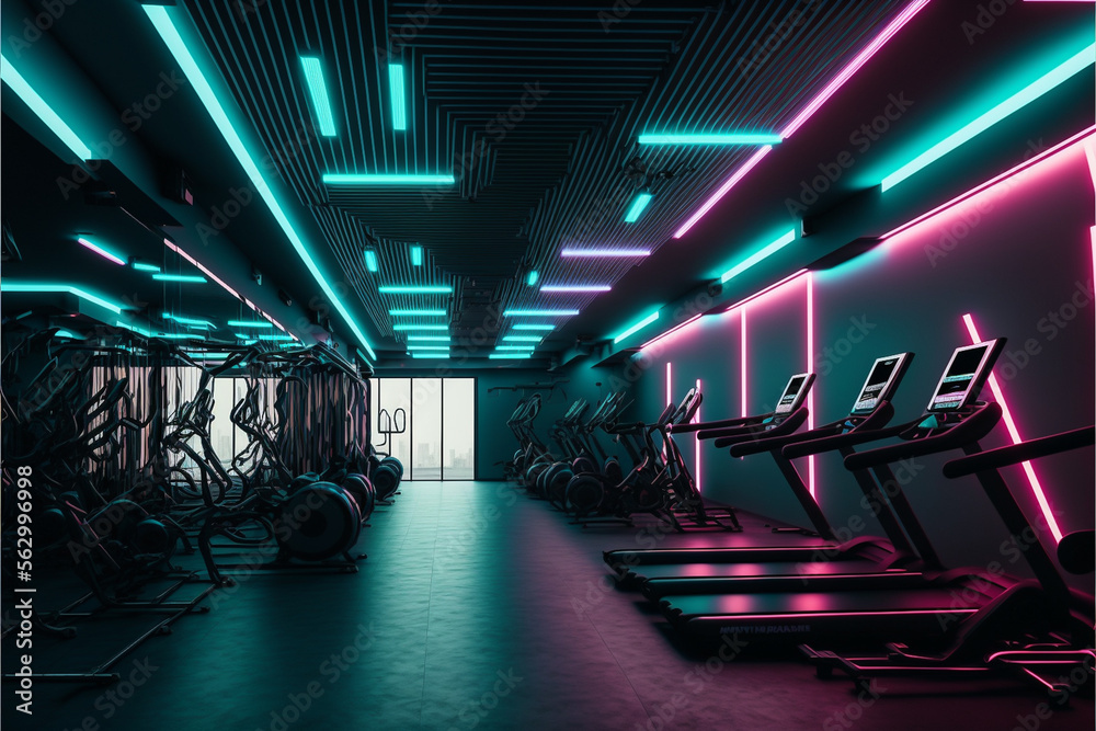 Modern Gym, Neon Illuminated, Futuristic, Cardio and Strength Training ...