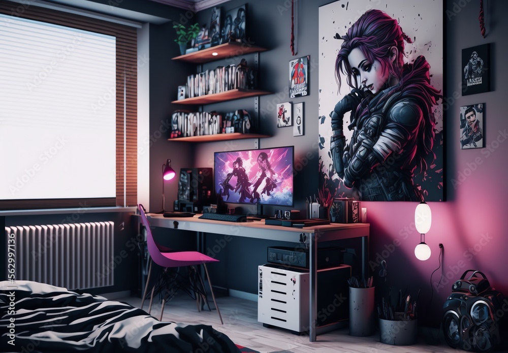 Gamer workspace with RGB lights, neon colors. Video game streamer ...
