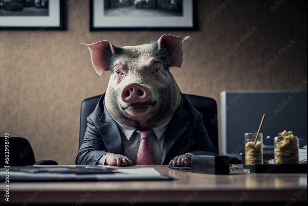 pig businessman in a stylish classic suit in the office, animal boss in ...