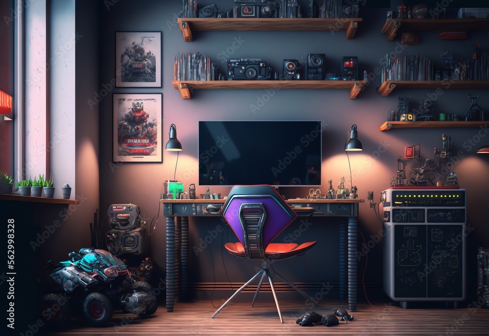 Gamer workspace with RGB lights, neon colors. Video game streamer ...