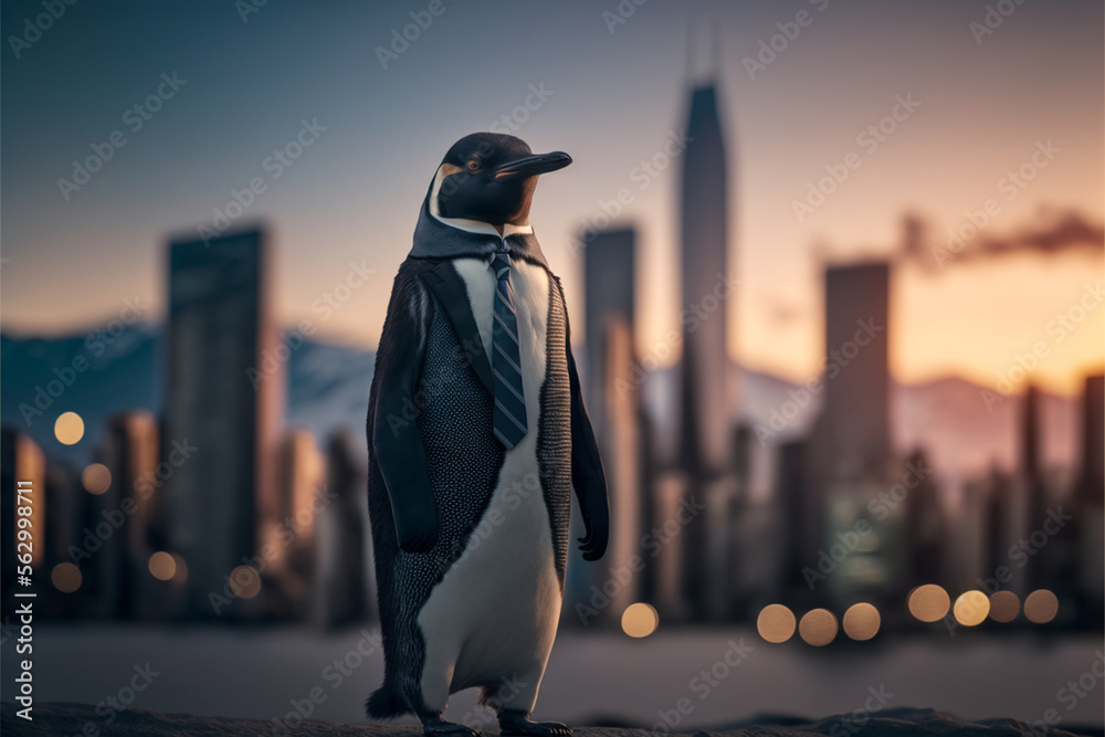 Portrait of a penguin businessman in a stylish classic suit against the ...