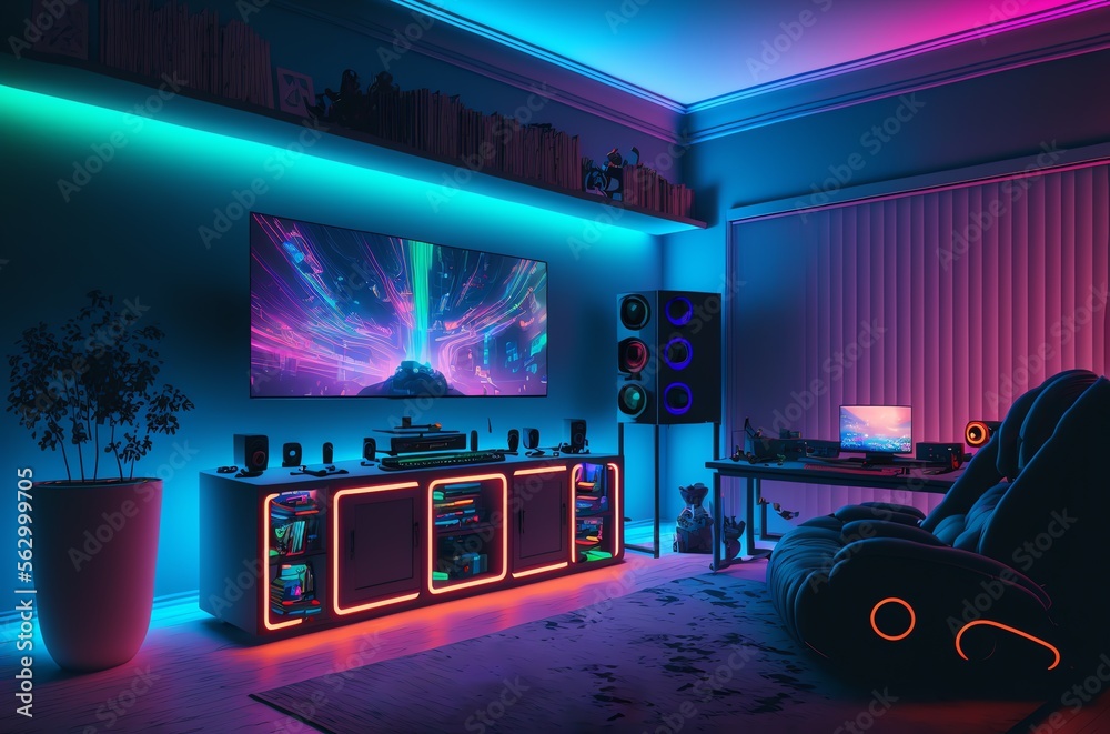 Gamer workspace with RGB lights, neon colors. Video game streamer ...