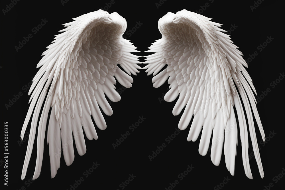 Isolated white angel wing black background realistic, Generative AI Stock Illustration | Adobe Stock