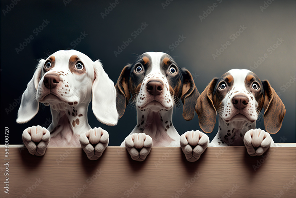 Tops of heads of cute dogs with paws up peeking over a blank wooden box ...