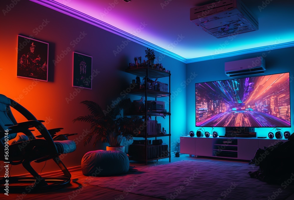 Gamer workspace with RGB lights, neon colors. Video game streamer ...