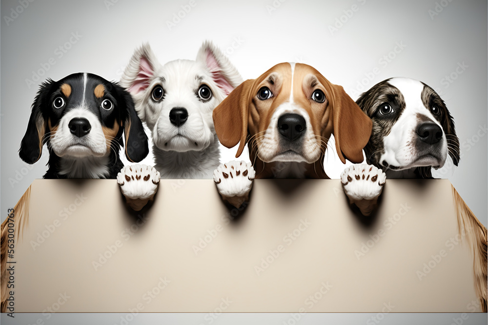 Tops of heads of cute dogs with paws up peeking over a blank wooden box ...