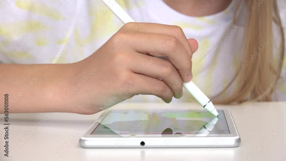 Kid Playing Tablet, Child Drawing Painting with Digital Stylus Pen on ...