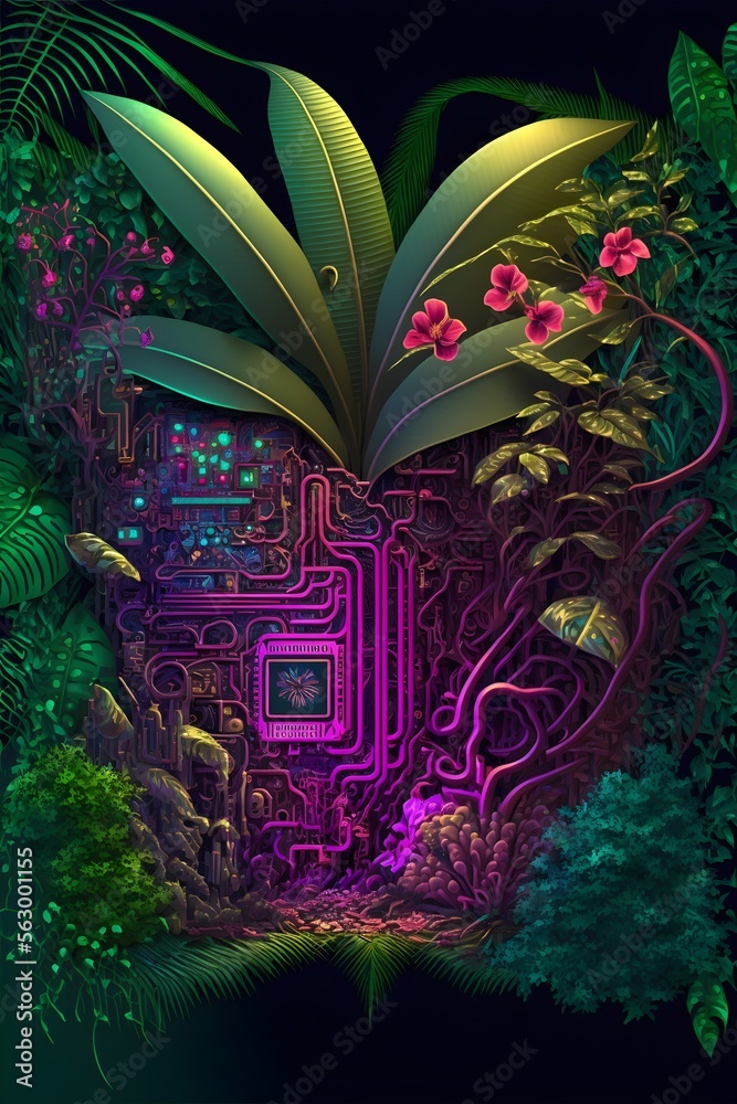 cyber nature scene, formations of digital circuit patterns ...