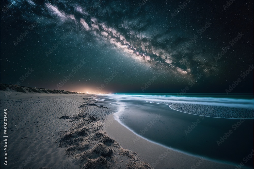 a night time view of a beach with a star filled sky and a star filled ...