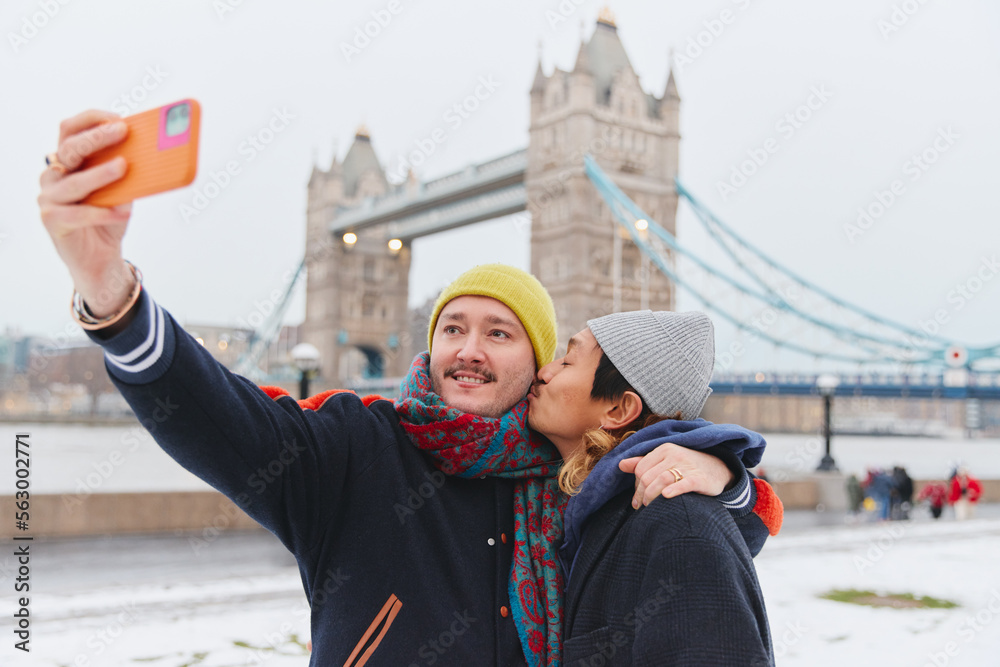 Young Happy Asian And Caucasian Same Sex Interracial Tourists Couple