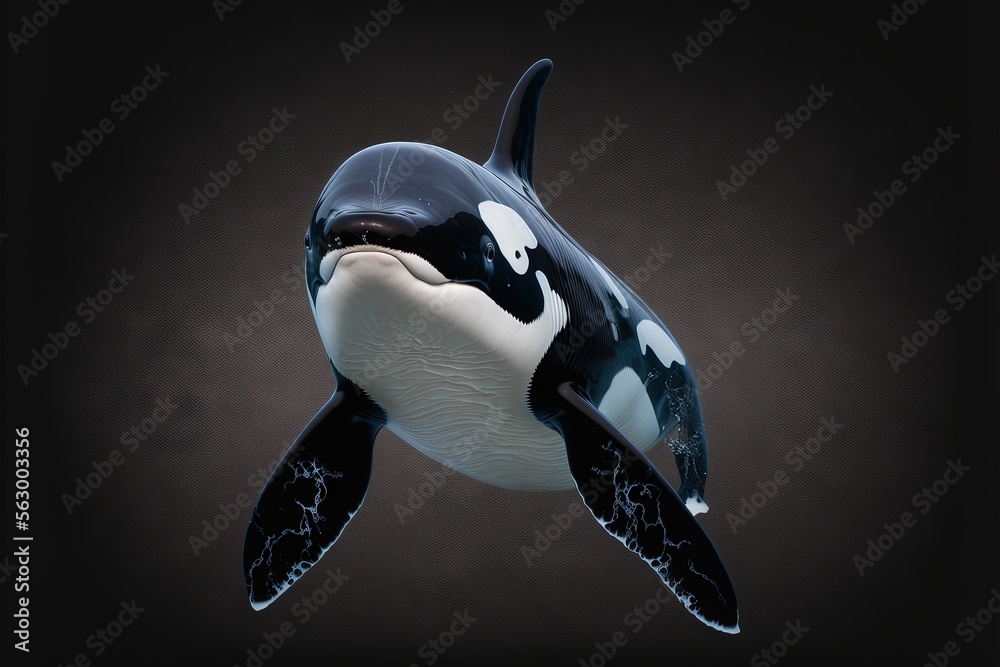 a black and white orca whale with a black background and a white face ...