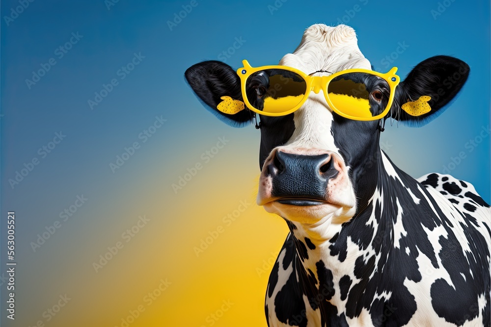 a cow wearing sunglasses and a cow nose is shown in front of a blue sky ...
