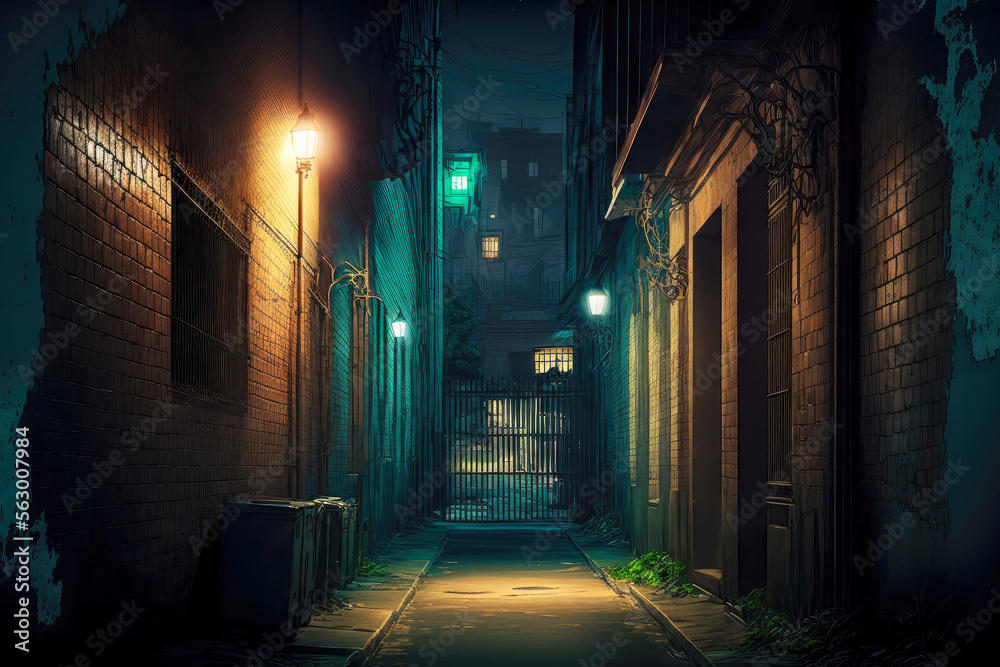 abandoned alley, cast in shadow by the dim lantern light, was filled ...