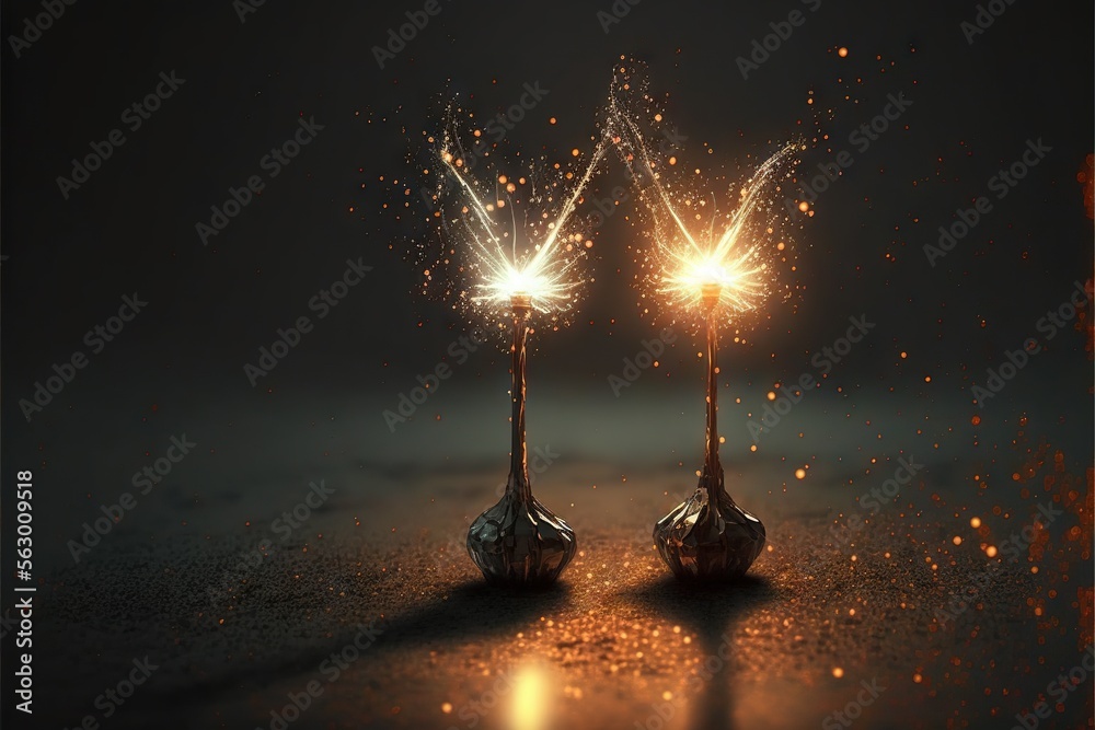 two small vases with sparklers in them on a table with a black ...