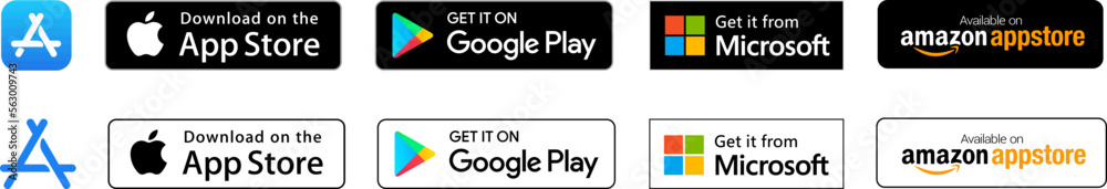 Payment logo set. Apple App Store, Get it on Google Play, Microsoft download, Amazon Appstore ...