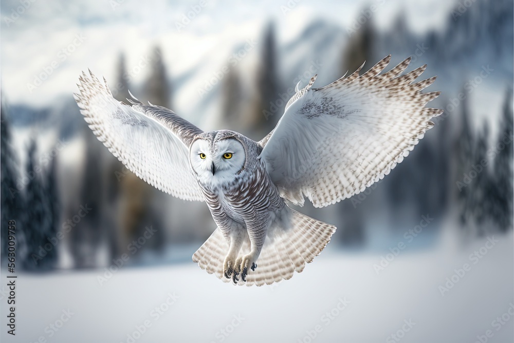 a white owl flying through a snowy forest filled with trees and snow ...